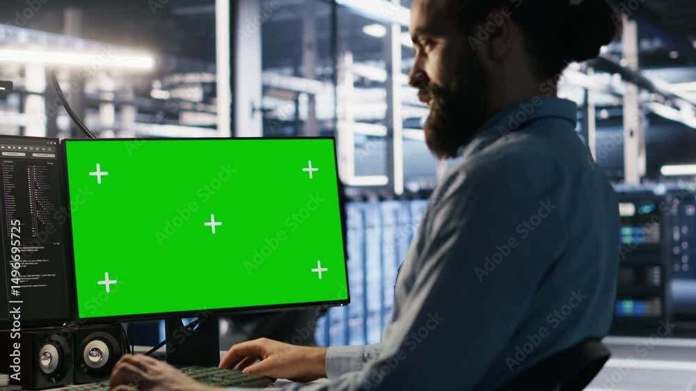 Close up of server farm system administrator using green screen PC to monitor neural network AI ...