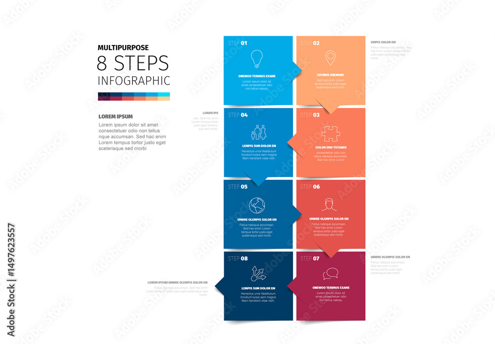 Multipurpose 8 Step Vertical Infographic with Numbered Stages and icons ...