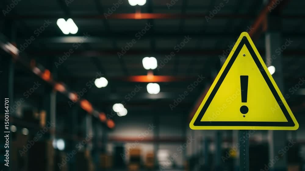 Warning sign with exclamation mark in warehouse. Yellow hazard triangle ...
