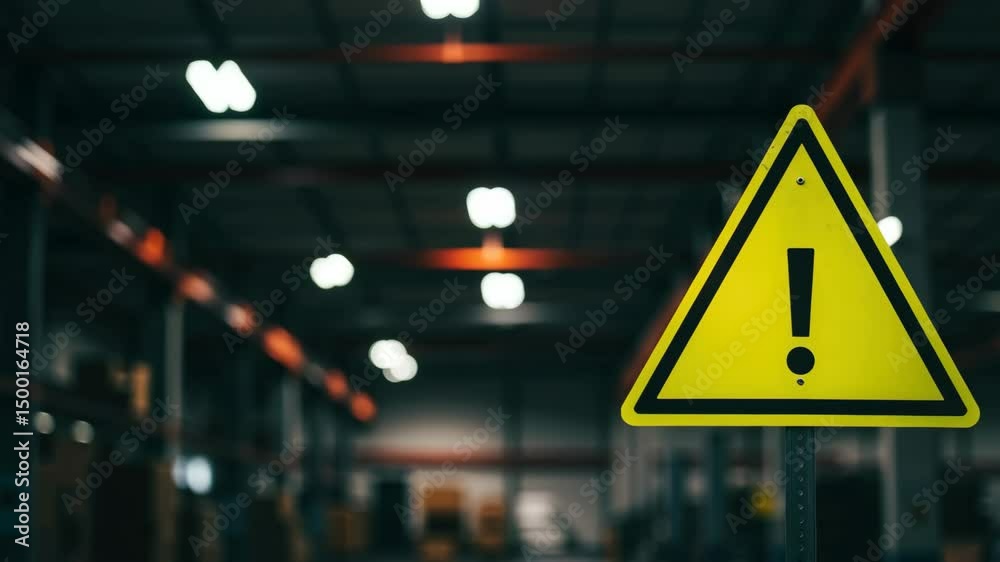 Warning sign with exclamation mark in warehouse. Yellow hazard triangle ...