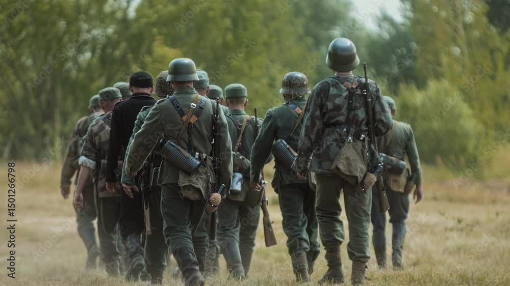 WWII German soldiers squad advance across open terrain. Reenactors wear ...