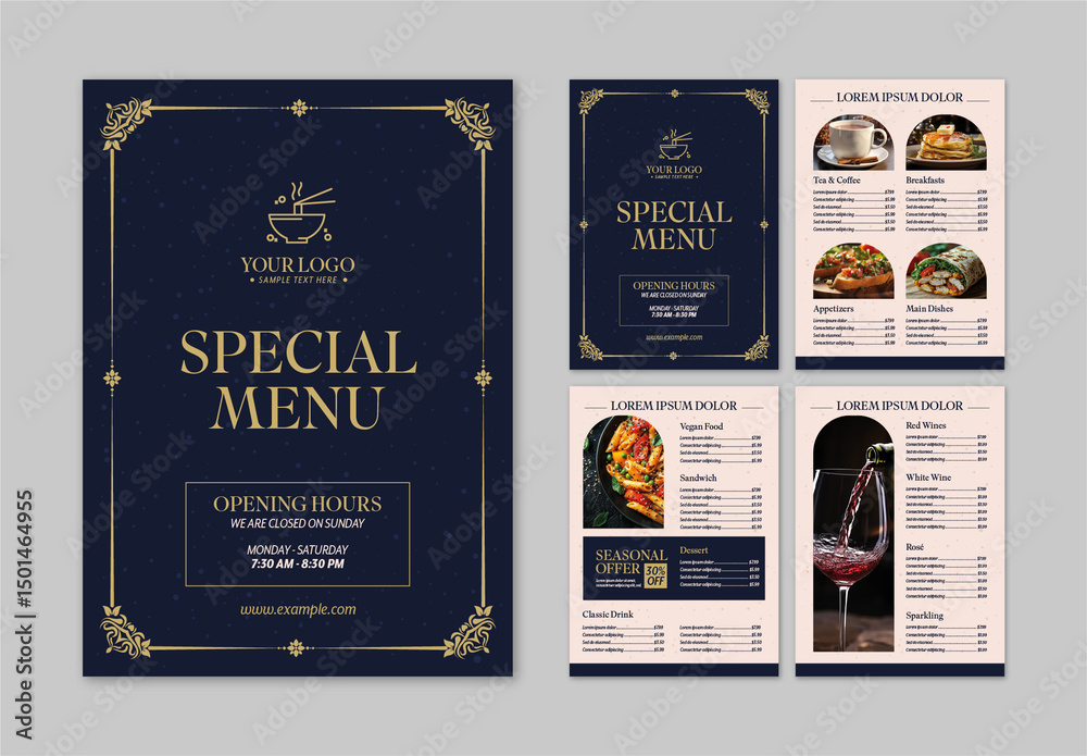 Blue And Beige Luxury Classic Elegant Ornate Restaurant Menu Template ...