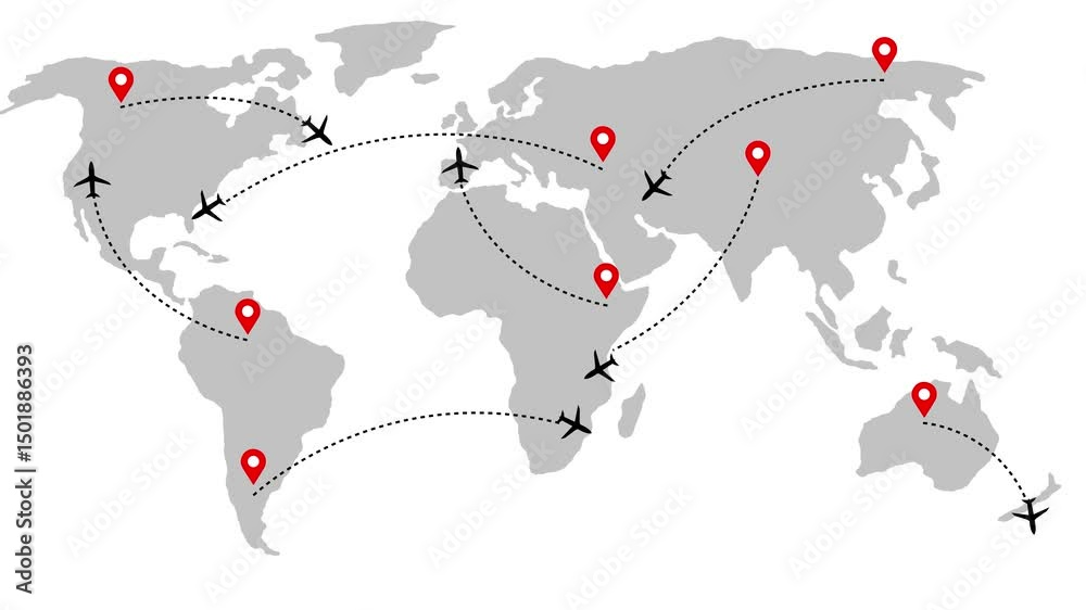 Airline route on map. Flying planes with location pin. Flight animation ...