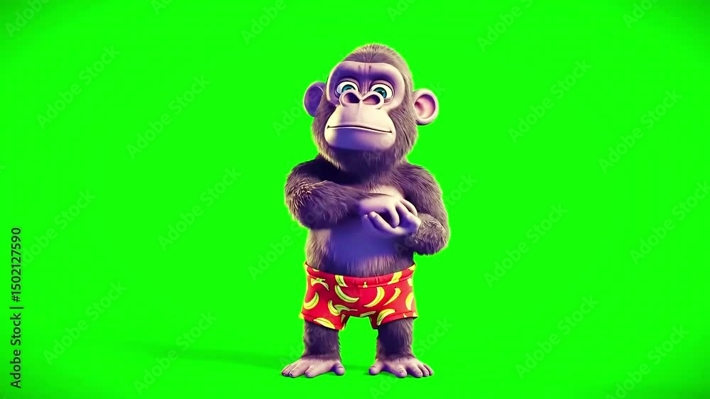 Cartoon gorilla doing warmups fitness routine on green screen chroma ...