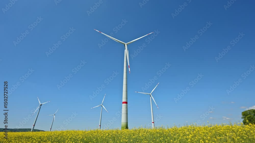 Wind turbine field in green field. Wind farm with blue sky and green ...