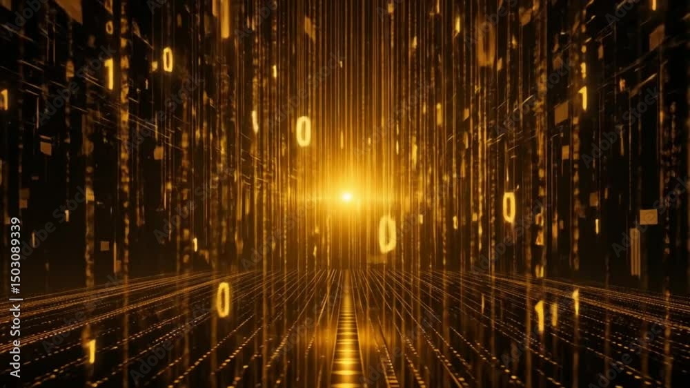 Golden Data Cascade - 4K Immersive Digital Matrix with Flowing Code & QR Symbols vídeo do Stock ...