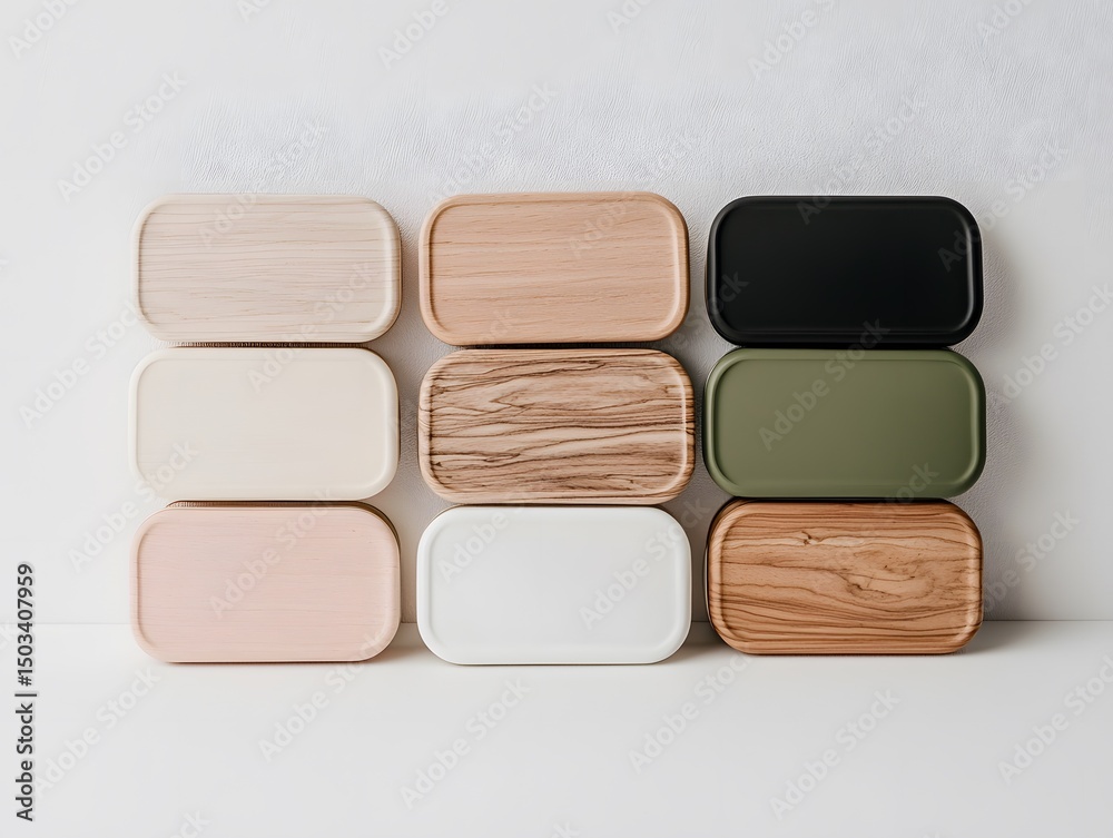 Stack of Reusable Lunch Tins with Wooden Lids in Various Colors Stock ...