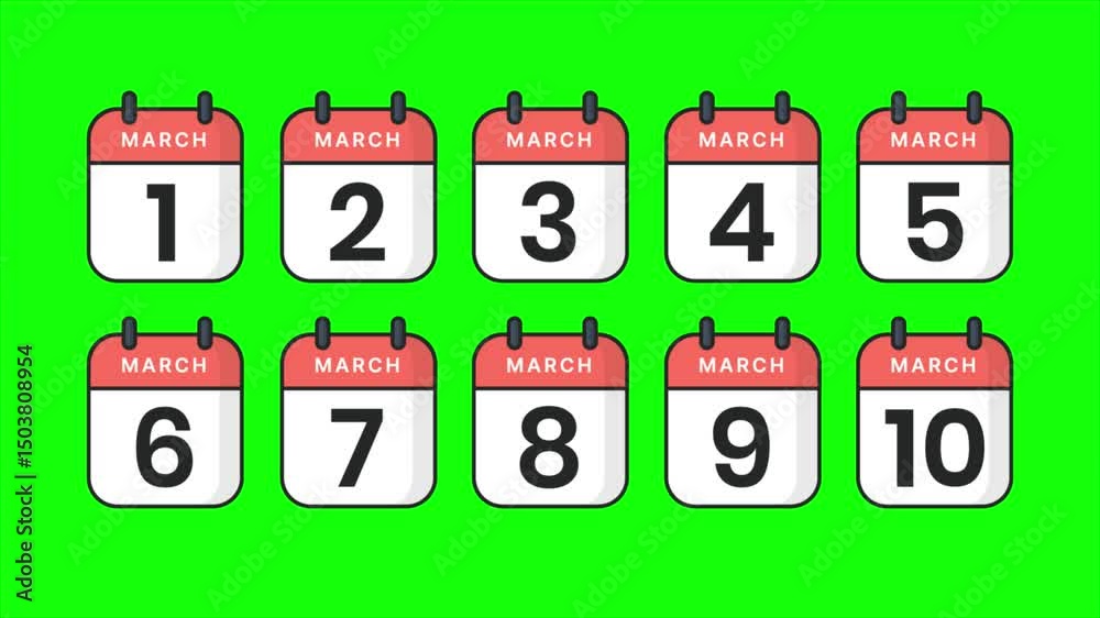 Animated flat design calendar icons displaying the first ten days of ...