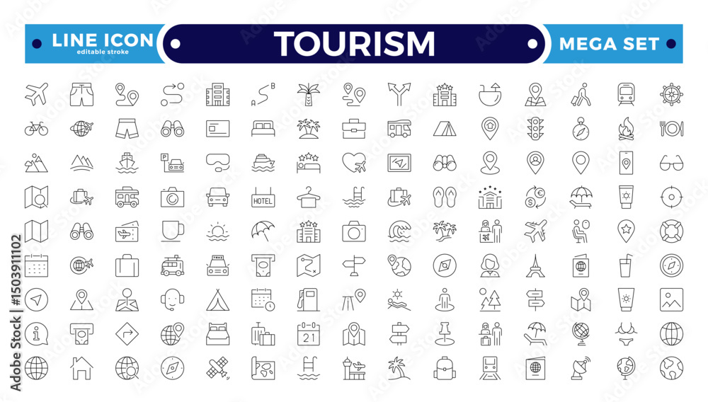 Travel and tourism outline icon set. Airplane, trip, beach, passport ...