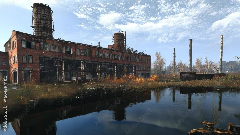 Abandoned factory reflecting in a murky pond. Ruined brick building ...