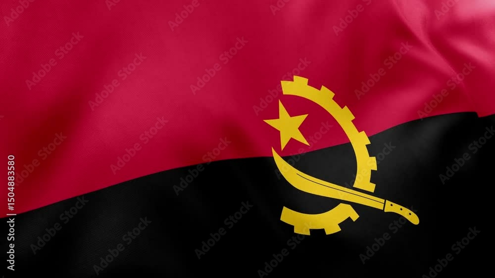 Realistic waving flag of Angola with red, black, yellow emblem ...
