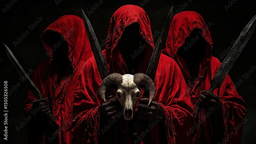 video of Mysterious figures in red hooded cloaks stand in the darkness ...