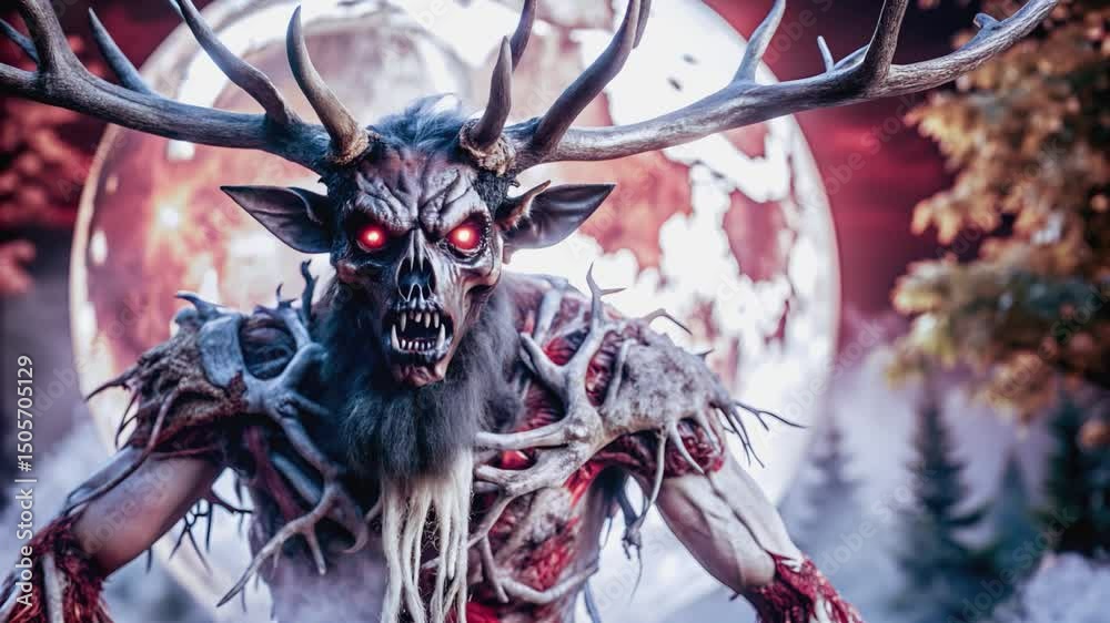 A terrifying mythical Wendigo creature with massive antlers and glowing ...