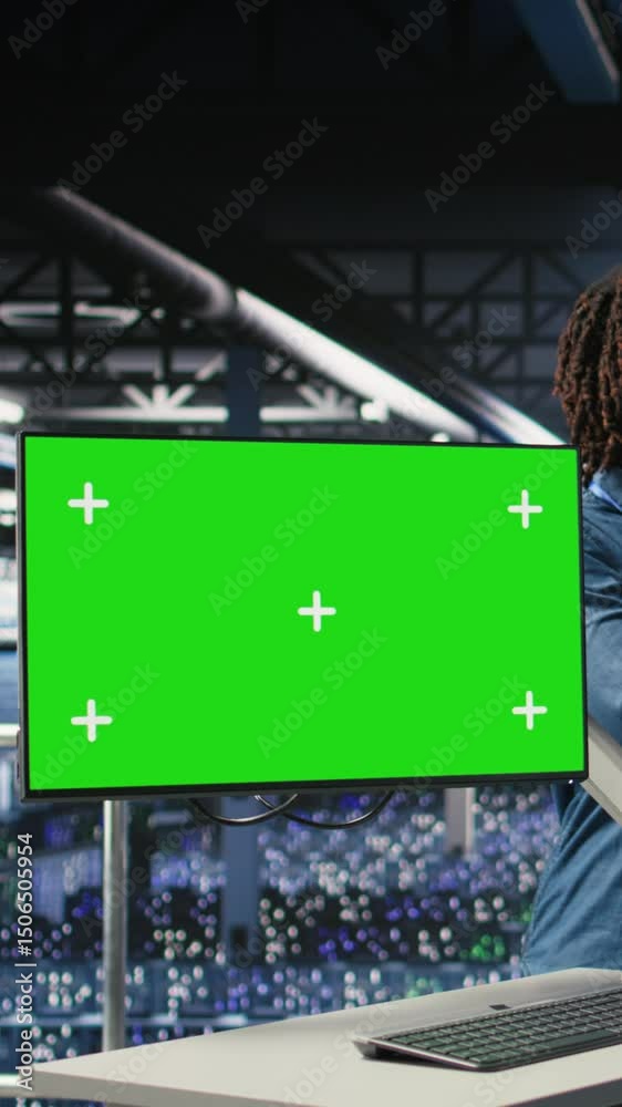Vertical video Data center engineering team coding on green screen PC, monitoring AI systems ...
