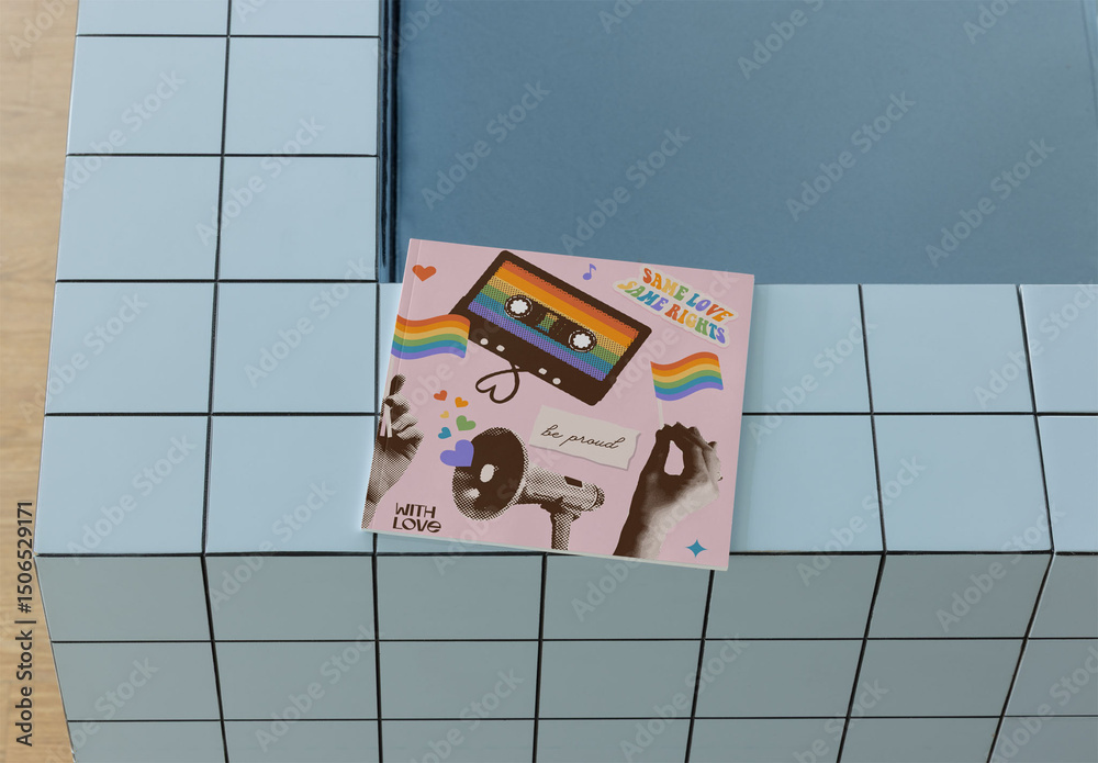 Blank notebook cover displayed on a tiled surface. 216x216 mm // 8.5x8 ...