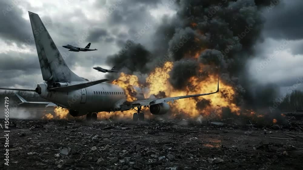 A large airplane is engulfed in flames and thick black smoke after a ...