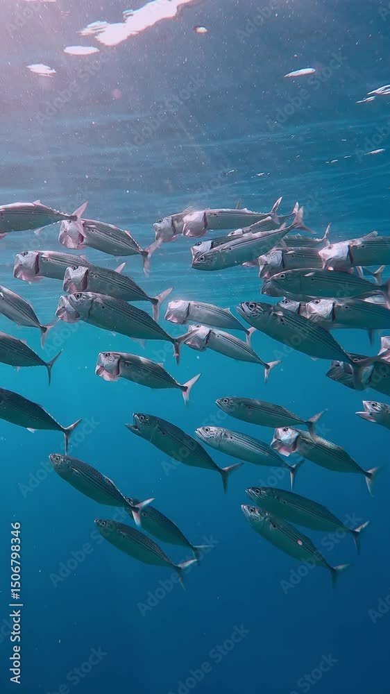 Vertical footage, Indian mackerel, Rastrelliger kanagurta shoal swims ...