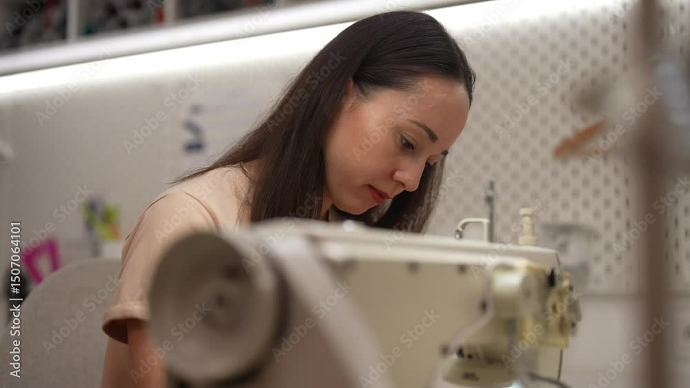 Close-up side view of focused seamstress using sewing machine, creating ...