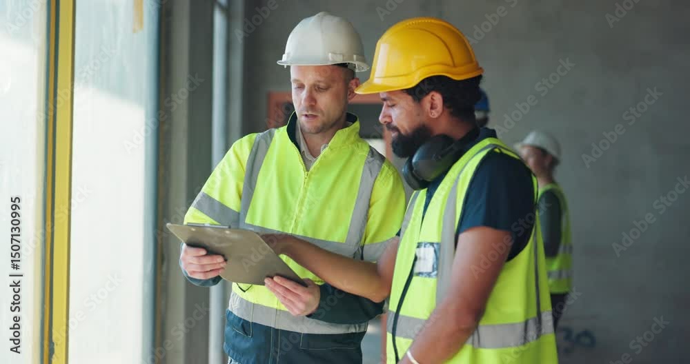 Men, architect and talking with clipboard for construction, site ...