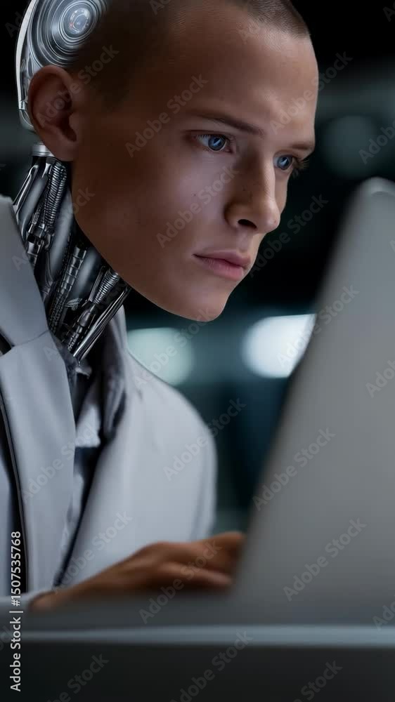 Close-up of a humanoid robot with exposed metal neck and head, working ...