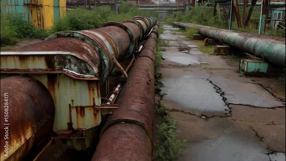Aged and weathered industrial pipeline system stretches through an ...