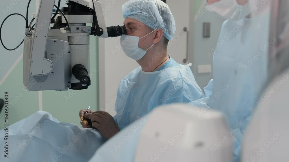 Waist up of focused surgeon in sterile attire using surgical tools ...