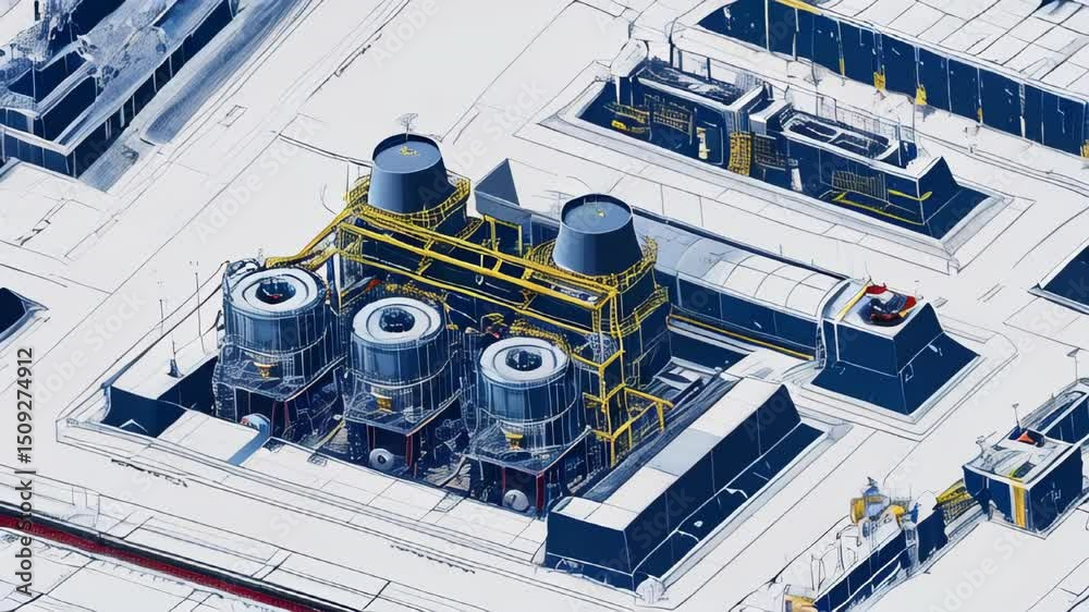 video of Detailed architectural blueprint of a nuclear power plant ...