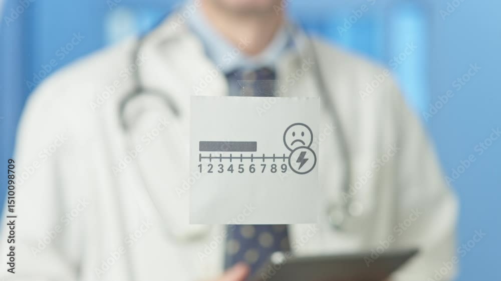 Healthcare professional holding sticky note displaying pain scale ...