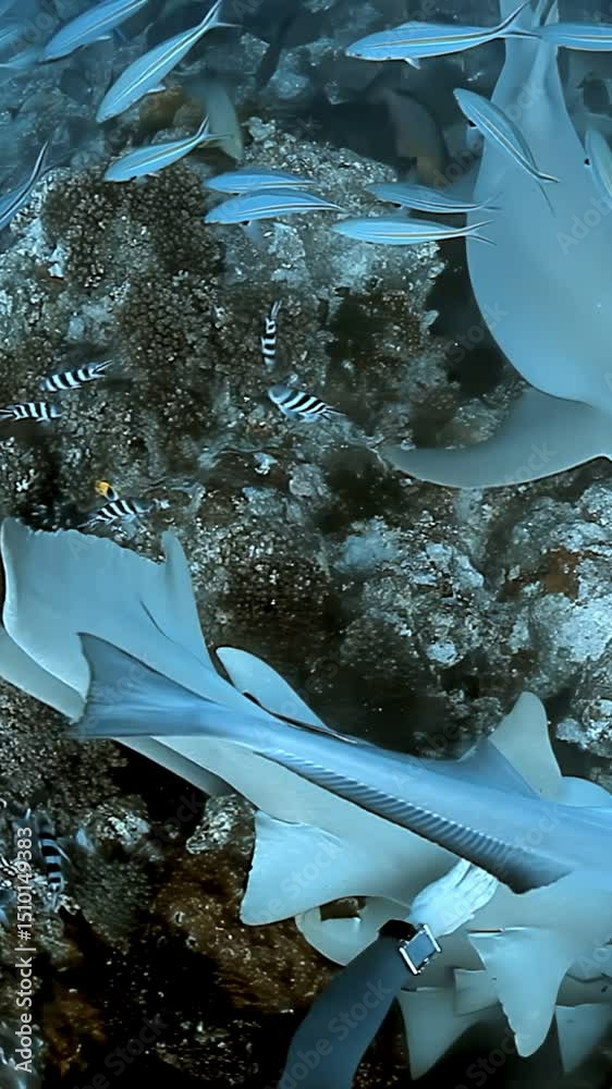 Experience the excitement as big sharks and colorful coral fish gather ...