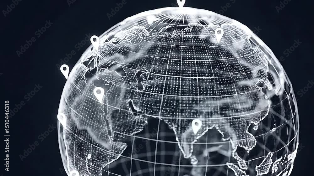 Minimal wireframe 3D globe with softly glowing latitude and longitude ...
