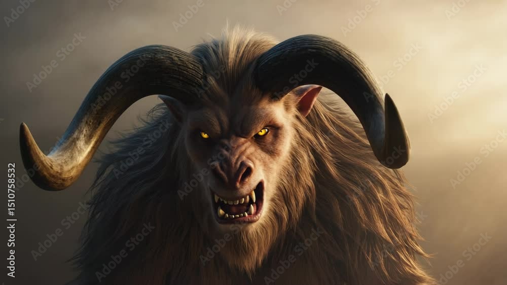Ferocious CGI minotaur roaring with massive curved horns in misty ...