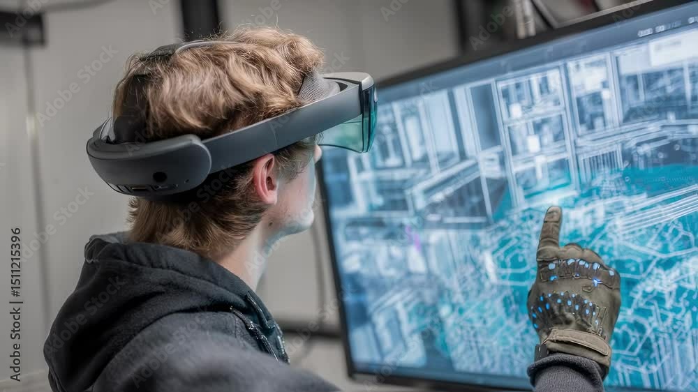 Young engineer wearing augmented reality headset interacts with a 3d ...