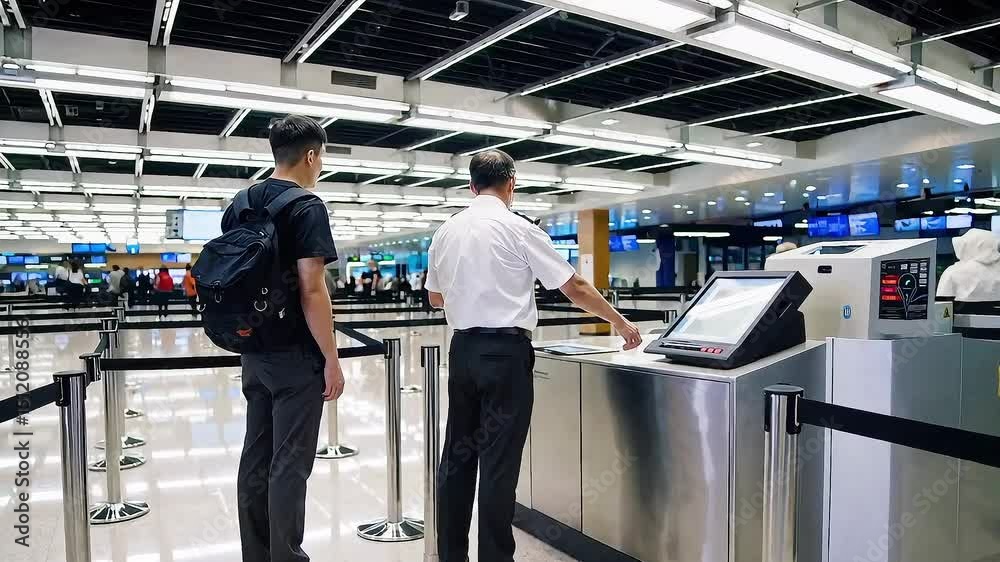 Security officer checking passenger documents during airport screening ...