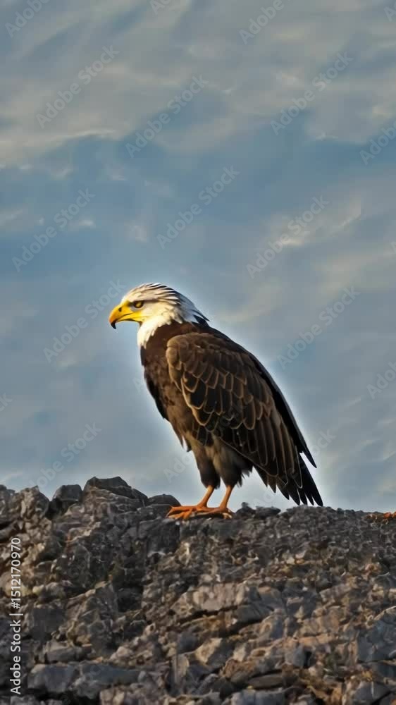 Majestic bald eagle with white head and yellow beak stands proudly on ...