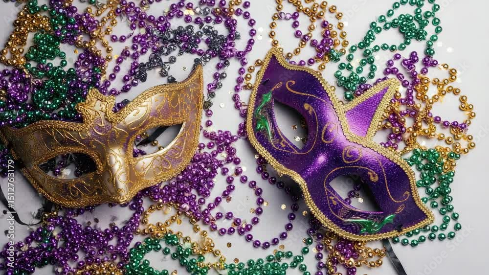 Purple and gold masks with bead necklaces for Mardi Gras celebration ...