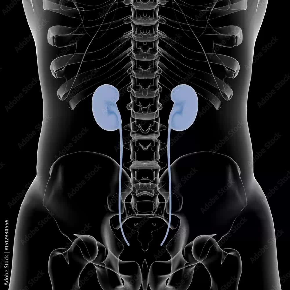 Detailed Human Kidney and Spine X-ray Illustration Showing Anatomy and ...