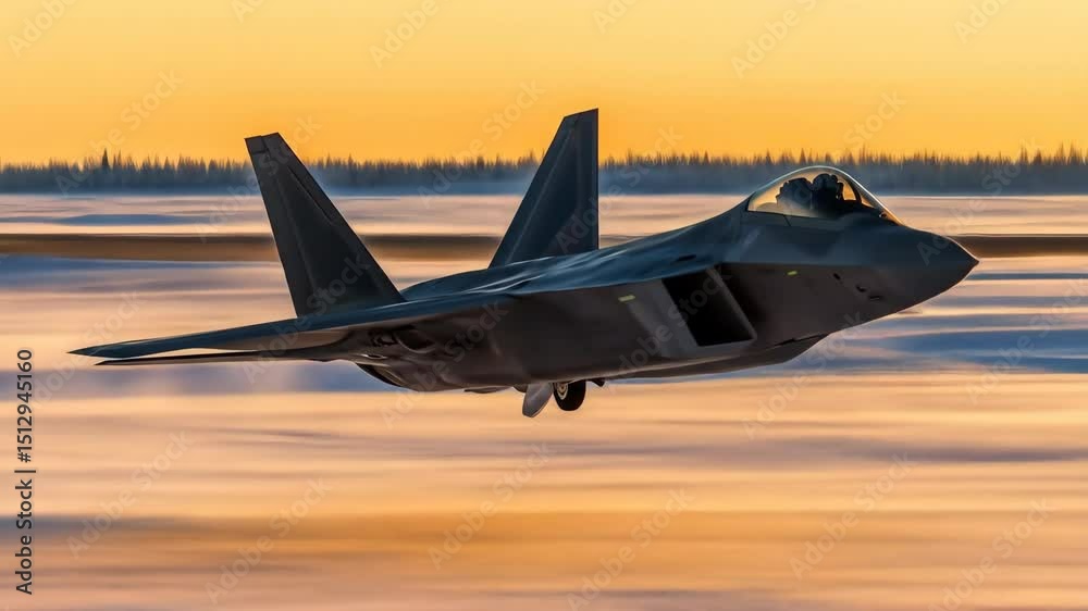 Combat fighter jet skims above a snow-swept arctic plain, braving ...