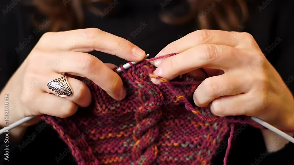 Woman Knitting Detailed Pattern Up Close Handcrafting with Needles ...