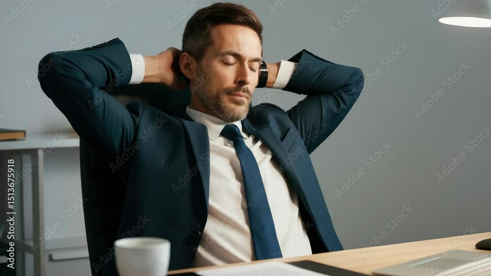 Businessman in suit relaxing at desk with coffee Stock Video | Adobe Stock