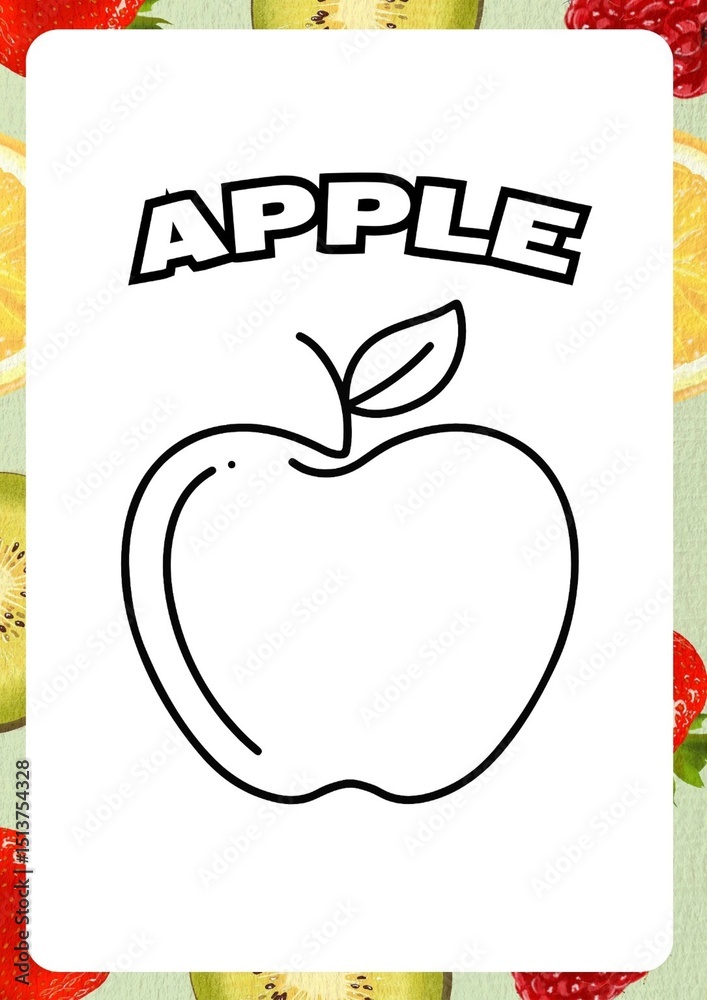 Plakát Apple Coloring Page for Kids | Fruit Theme Worksheet This fun ...