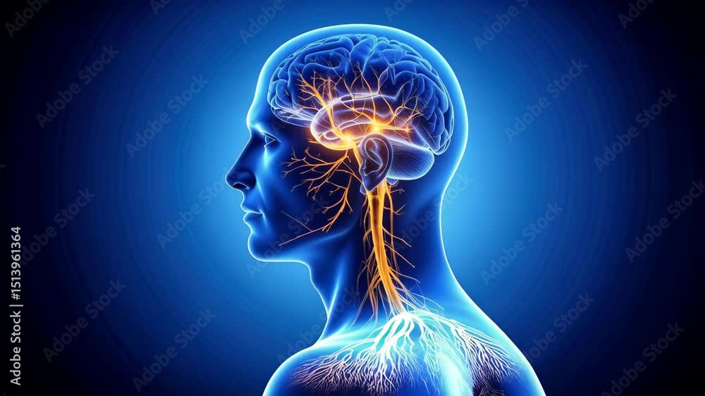Human brain and nervous system illustration with glowing neurons ...