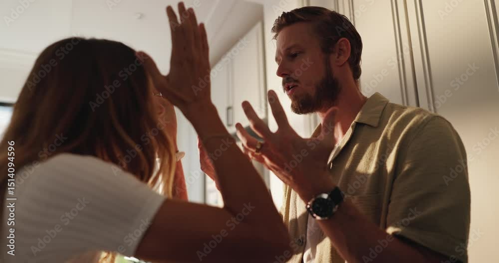 Angry, fight and couple with argument in home for toxic marriage, blame ...