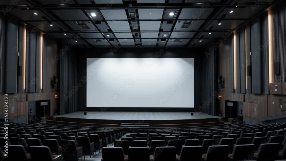 Modern auditorium with large blank screen and black seating arrangement ...