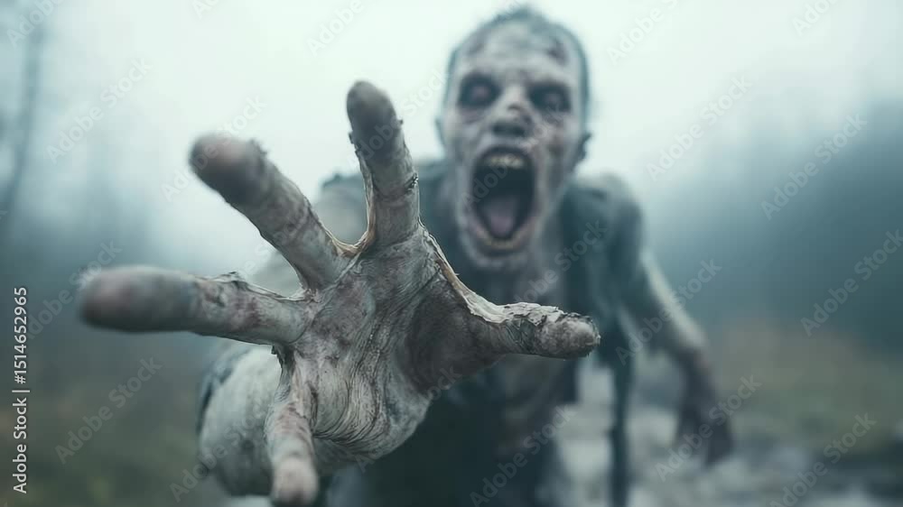 Decaying, infected zombie with rotting flesh and gaping wounds ...