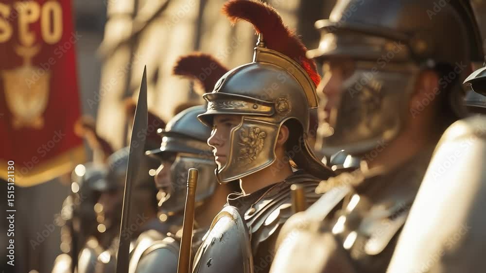 Roman knight with red crest stands alert. Knight soldier guards ...