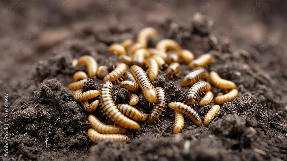 Wireworm larvae crawling across surface of agricultural soil, revealing ...