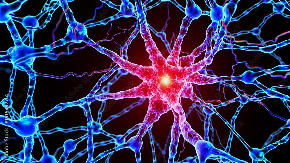 Neuron firing red light through brain network. Medical neuron network ...