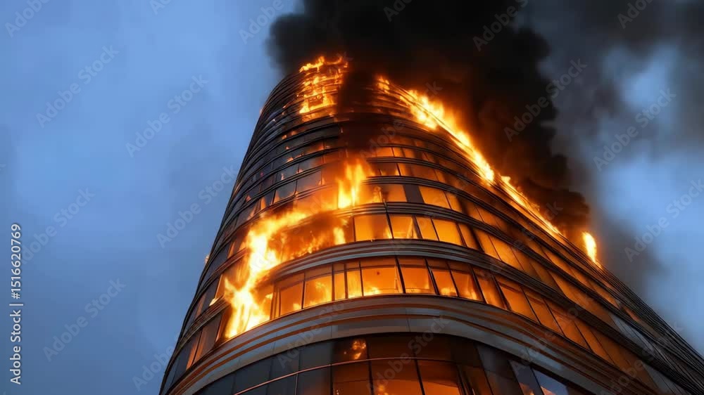 A high-rise building engulfed in flames, burning intensely with fire ...
