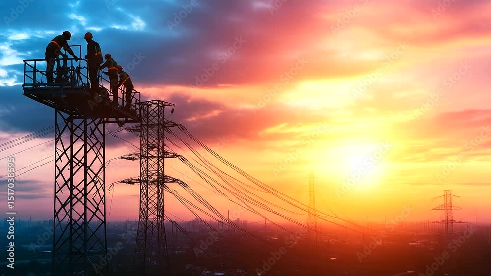 Powerful scene of workers atop elevated platforms, testing electrical ...