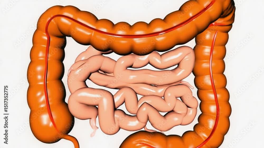 a 3D cross-section of the human digestive system, showing peristalsis ...